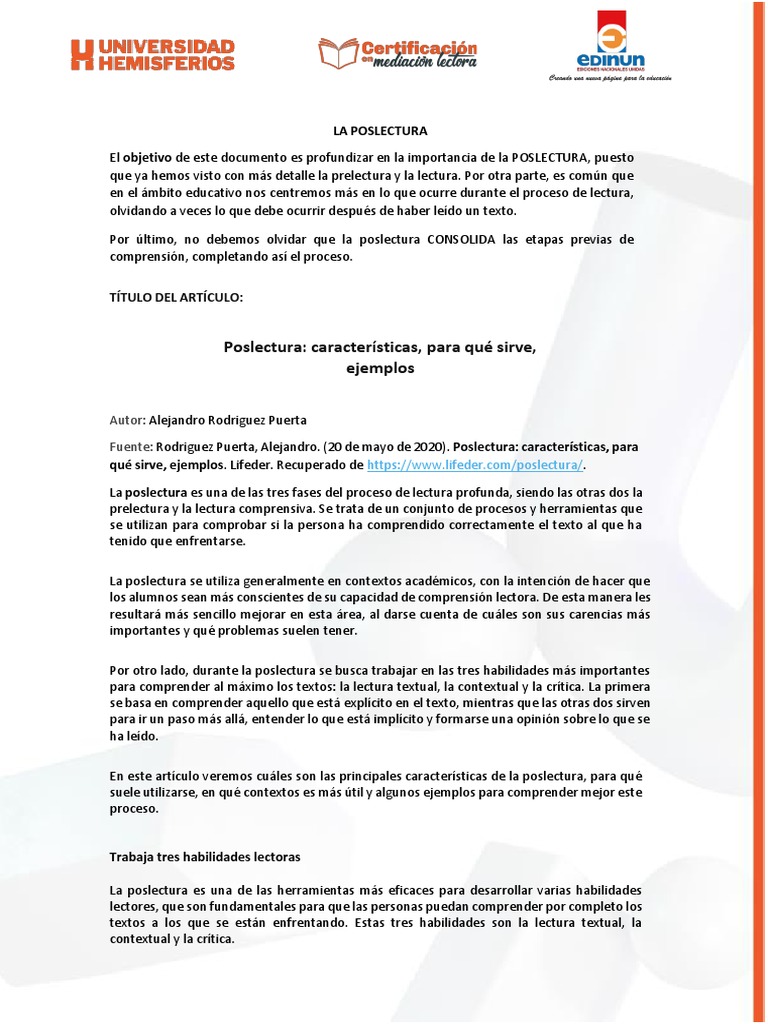 POSLECTURA | PDF | Comprensión lectora | Pensamiento crítico