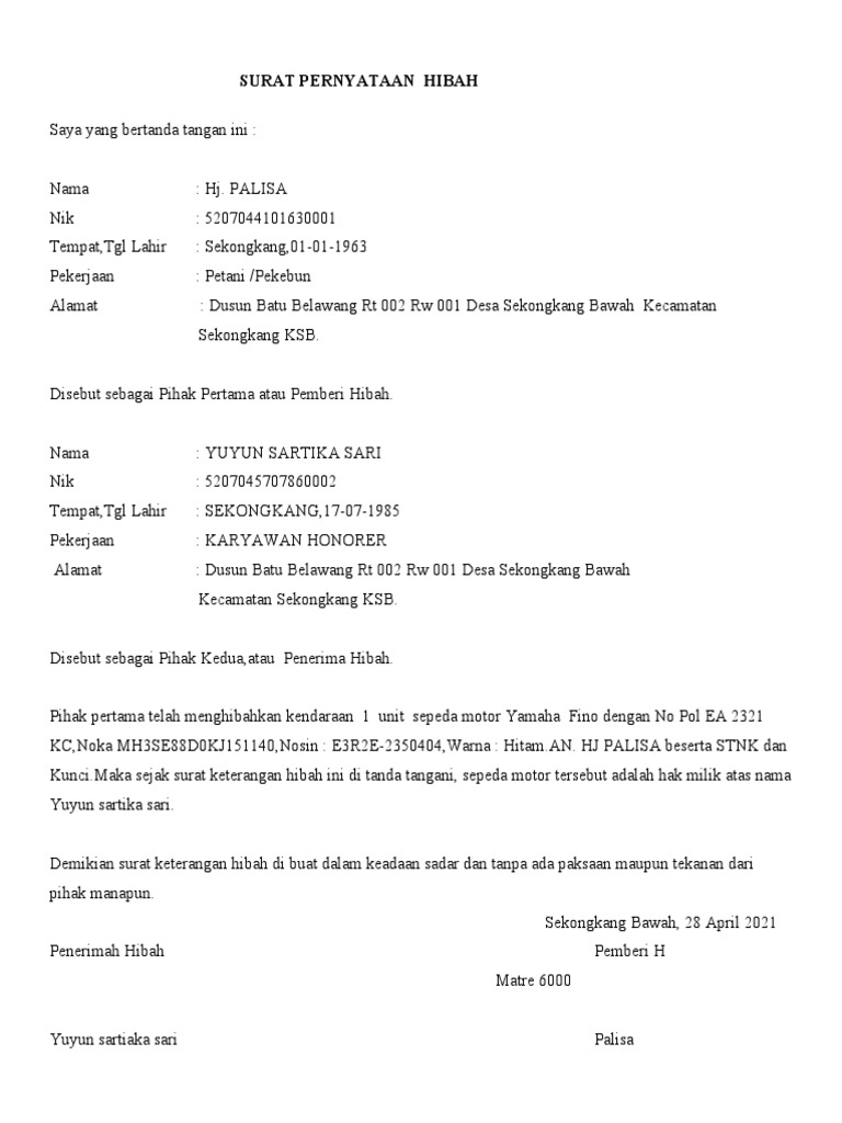 Surat Pernyataan Hibah | PDF