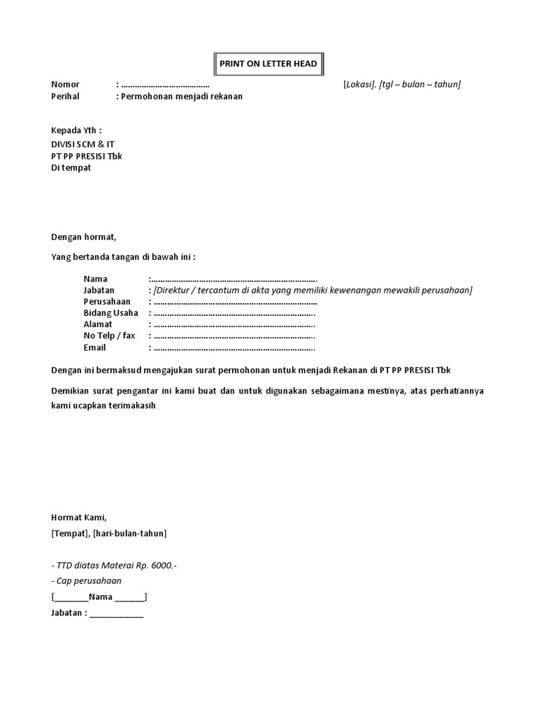 Format Permohonan Menjadi Rekanan | PDF