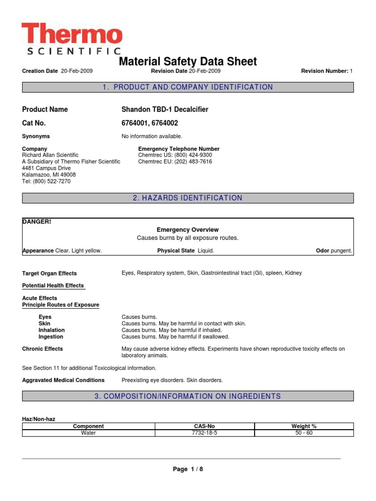Shandon TBD-1 Decalcifier Safety Data Sheet | PDF | Science ...