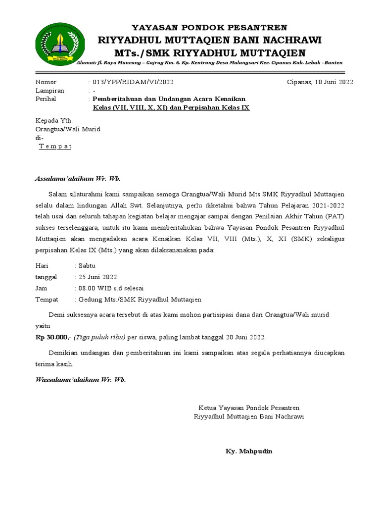 Pemberitahuan Kenaikan Kelas Dan Perpishan PP Ridam | PDF | Pengelolaan Keuangan & Uang | Ilmu ...
