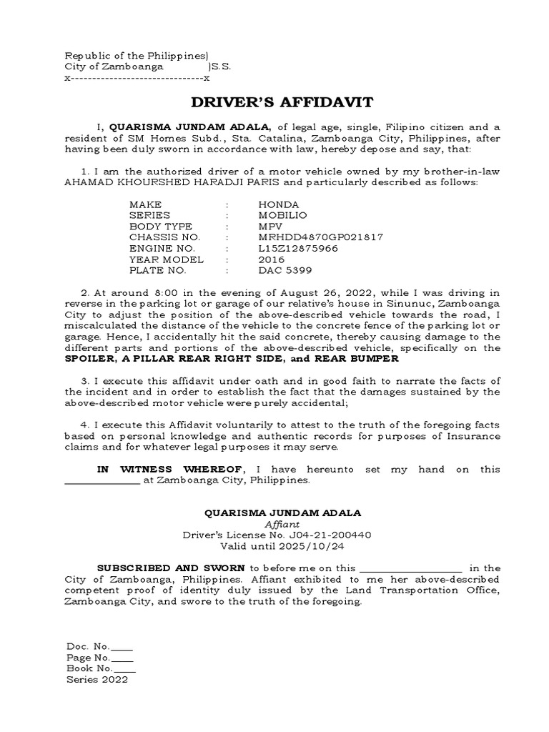 Affidavit of Driver - Adala | PDF | Affidavit | Vehicles