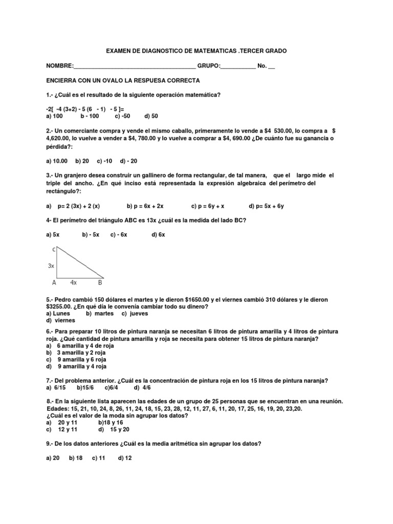Examen Diagnóstico Matemáticas 3° Grado | PDF | Matemáticas