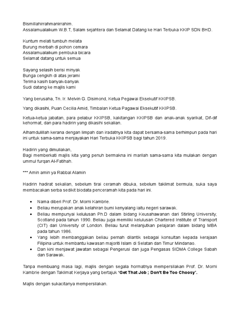 Teks Taklimat Kerjaya Kkip2019 | PDF