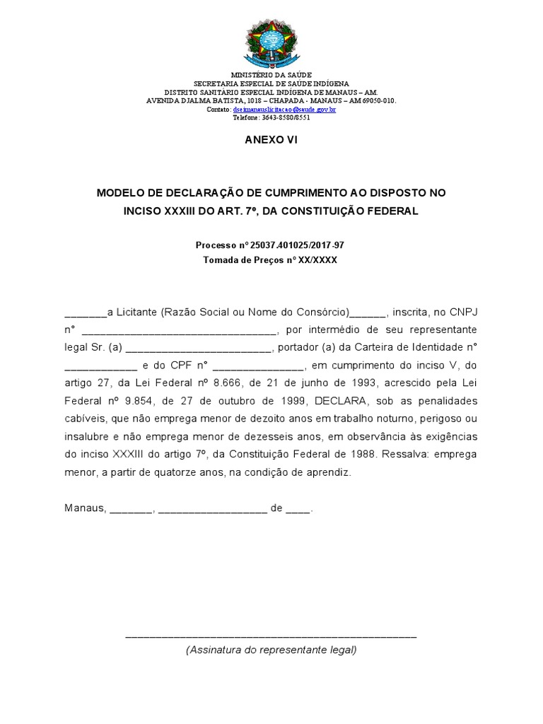 6 - Anexo Vi - Modelo de Declaração de Cumprimento Art. 7 CF | PDF