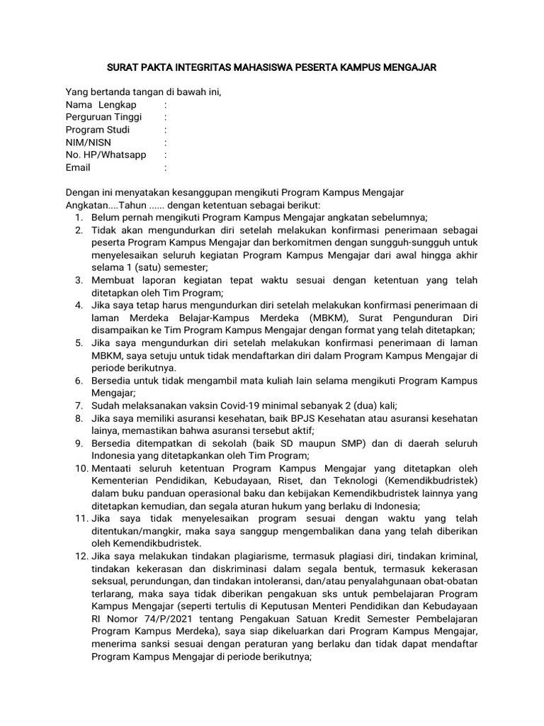 1.surat Pakta Integritas Mahasiswa Program Kampus Mengajar Angkatan 4 ...
