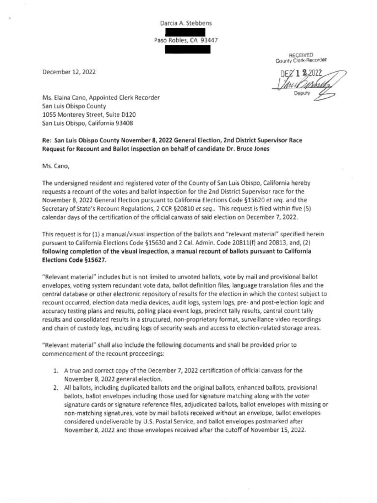 Recount Request For SLO County District 2 Supervisor Election | PDF