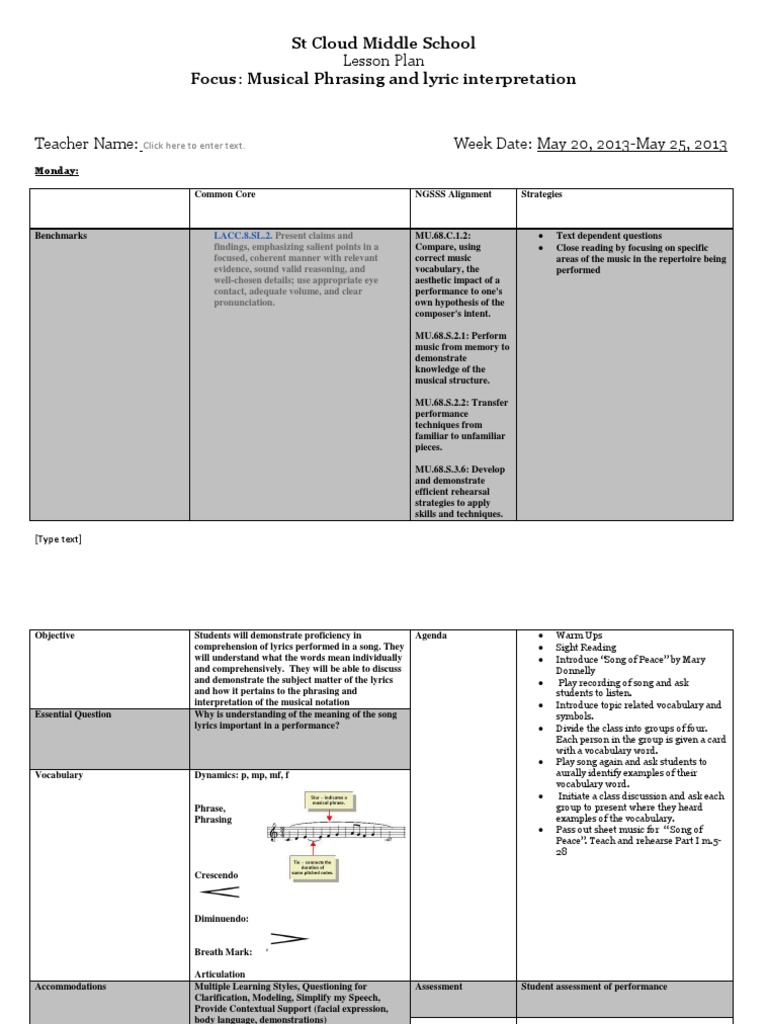 Middle School Music Lesson Plan | PDF | Reading Comprehension | Vocabulary