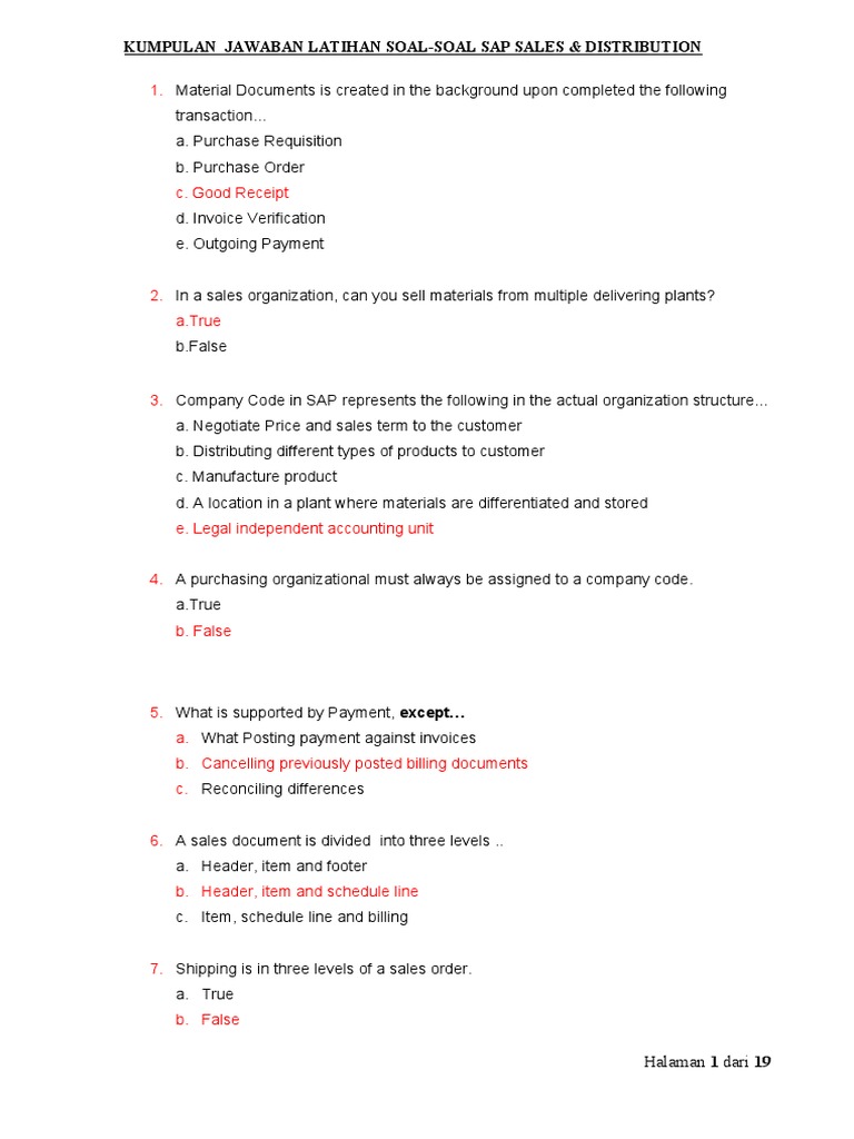 Jawaban Soal Soal Latihan Sap Sales And Distribution Pdf Receipt Invoice