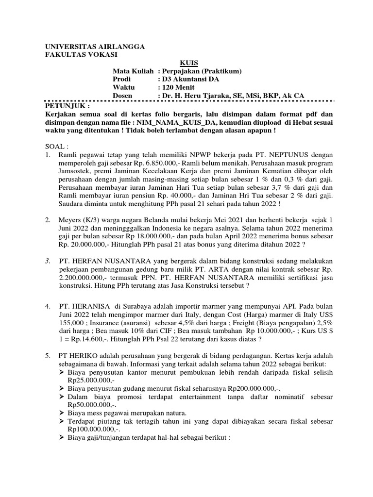 Kuis Pra Uas Perpajakan (Praktikum) d3 Ak | PDF