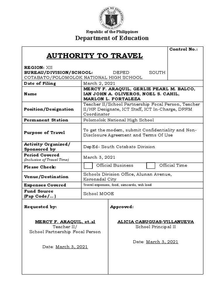 DepEd Travel Authority Sample Form | PDF