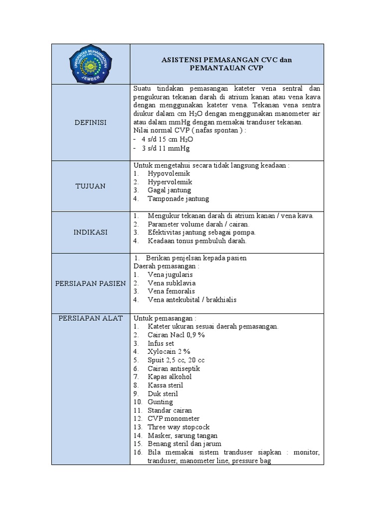 SOP Asistensi CVC Dan Pemantauan CVP | PDF
