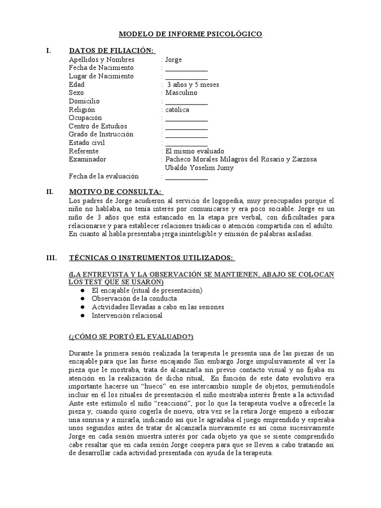Modelo de Informe Psicológico-Caso Clinico | PDF | Espectro autista | Las emociones