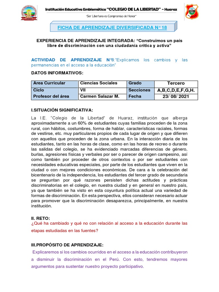 Ficha de Aprendizaje - #18-2021 | PDF | Aprendizaje | Discriminación