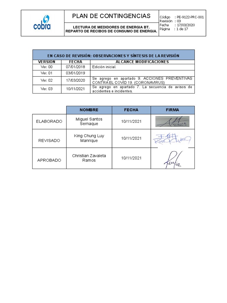 Plan de Contingencia Pe 9122 PRC 001 2020 Ver.03 | PDF | Lavado de manos | Medicina CLINICA