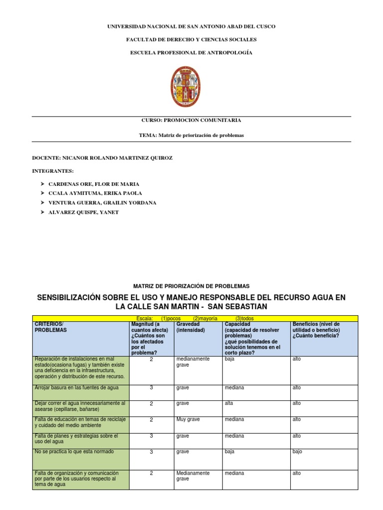 Matriz de Priorización de Problemas - EL AGUA | PDF | Agua | Comportamiento