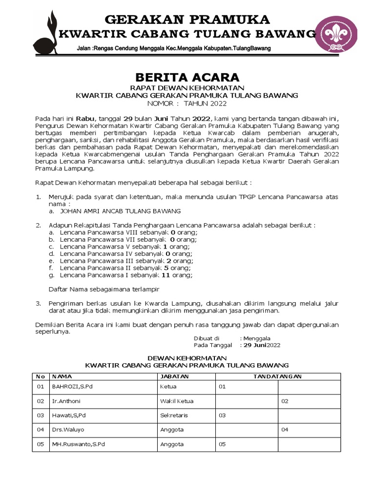 Berita Acara DK 2022 Contoh II Pancawarsa | PDF