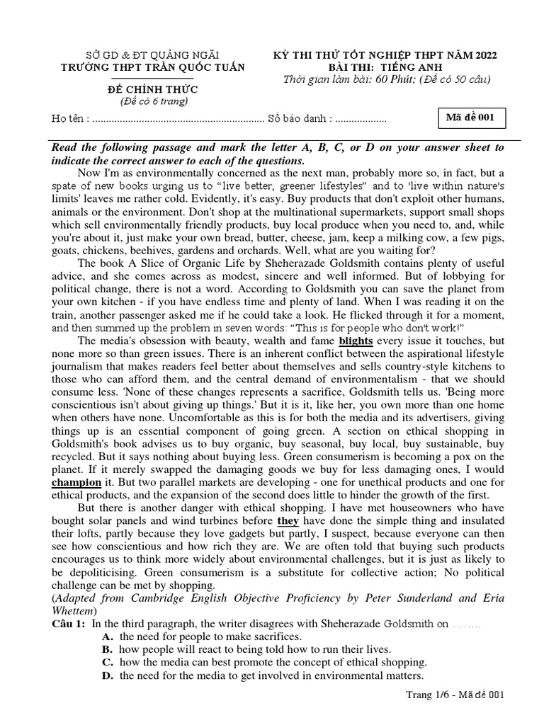 De Thi Thu Tot Nghiep 2022 Mon Anh Tran Quoc Tuan Lan 3 | PDF | Pollution | Consumerism