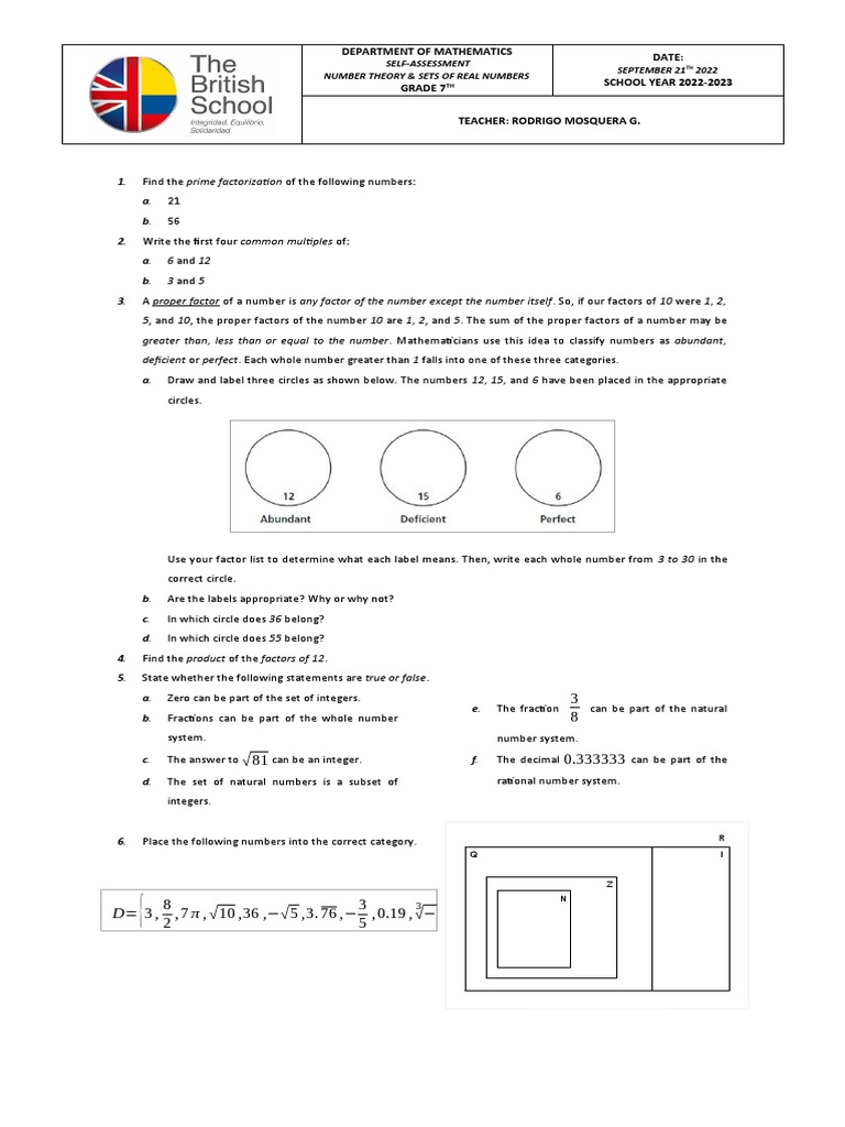 Self-Assessment 01 P01 G7th - Number Theory & Sets of Real Numbers | PDF | Numbers | Integer