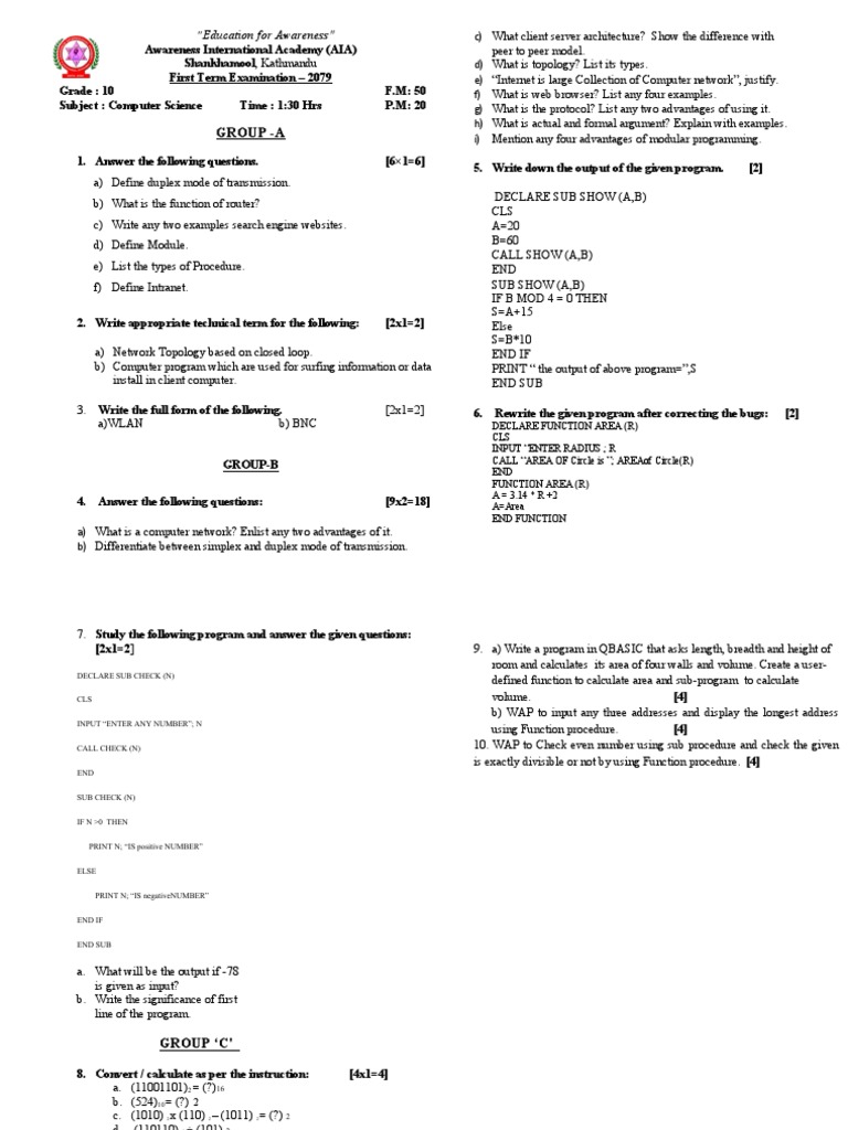 First Term 2079-Class 10 | PDF | Computer Network | Information And ...