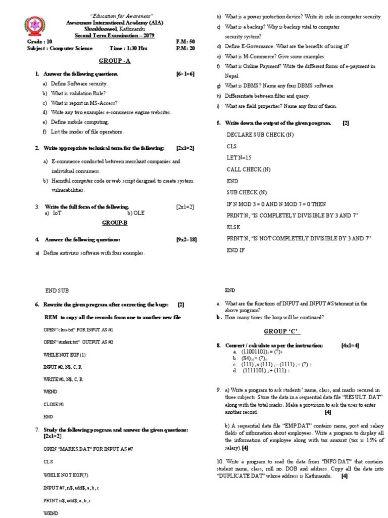 Second Term 2079-Class 10 | PDF | Computer Program | Programming