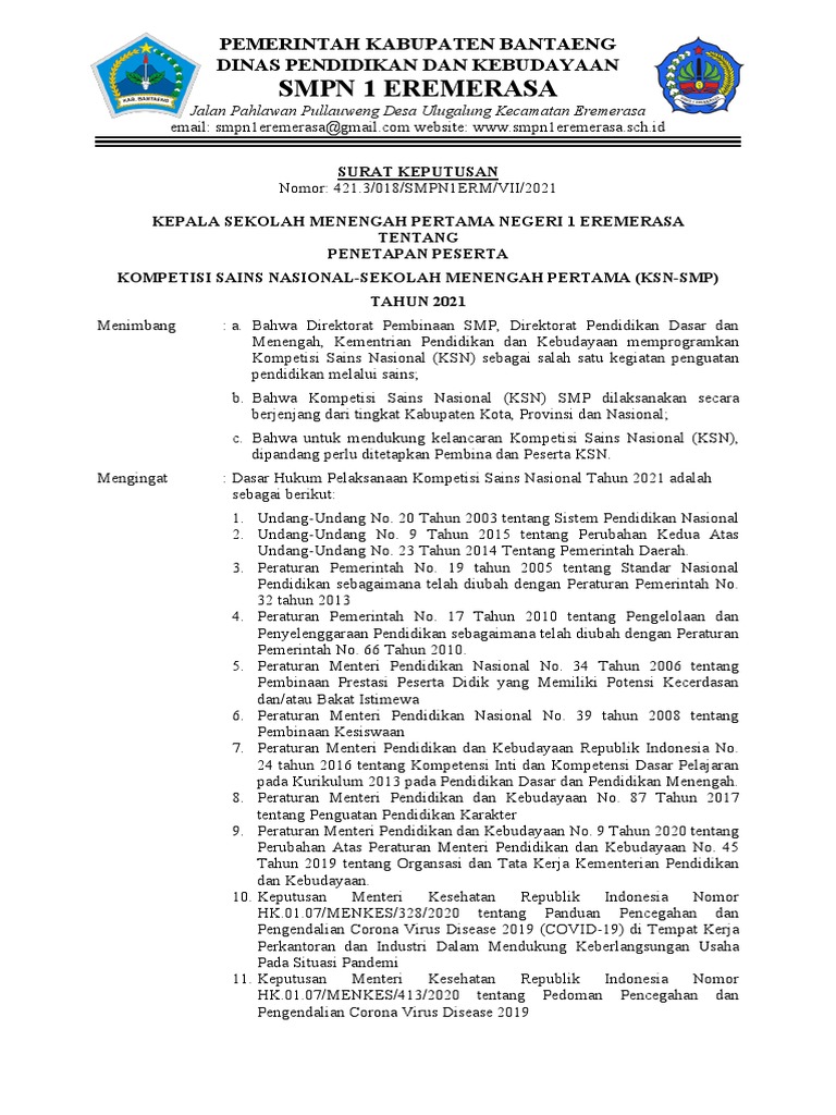 SK Sekolah Pembina & Peserta KSN 2021 | PDF