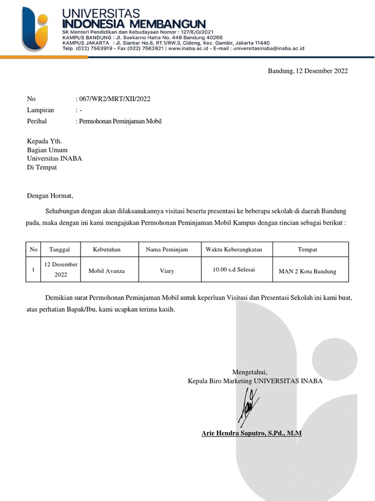 #067 Surat Permohonan Peminajaman Mobil Kampus (12 Desember 2022) | PDF