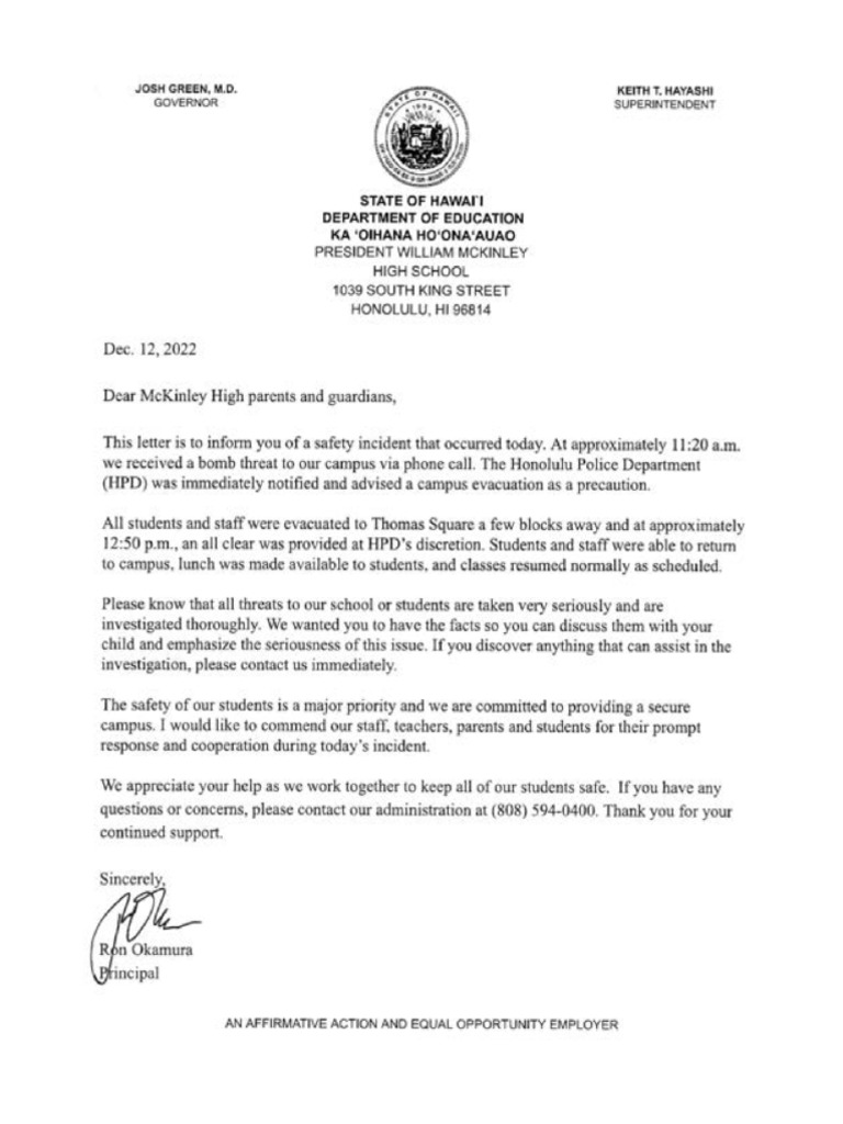 McKinley High School Letter To Parents and Guardians | PDF