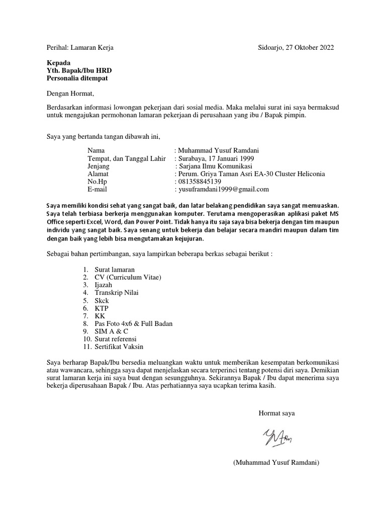 Muhammad Yusuf Ramdani - Surat Lamaran Kerja | PDF