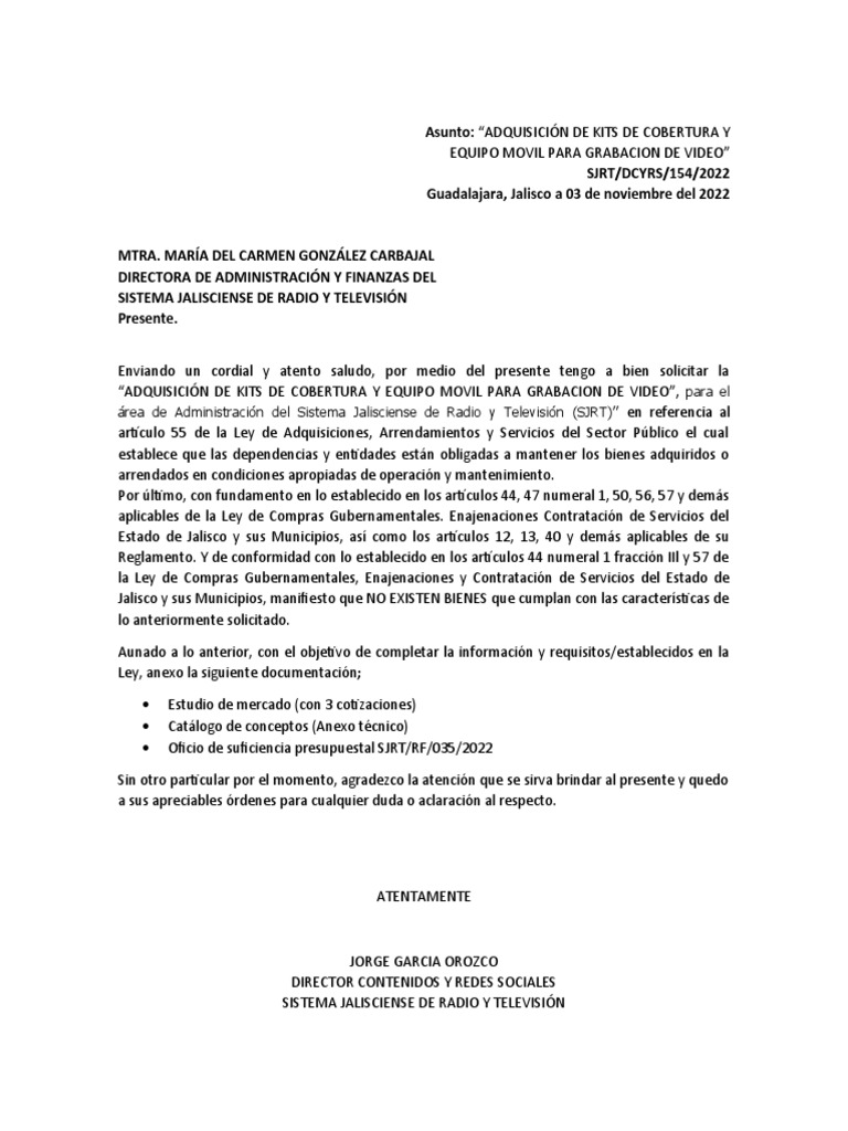 Oficio 154 Adquisición Equipo Kit de Cobertura - SJRT | PDF