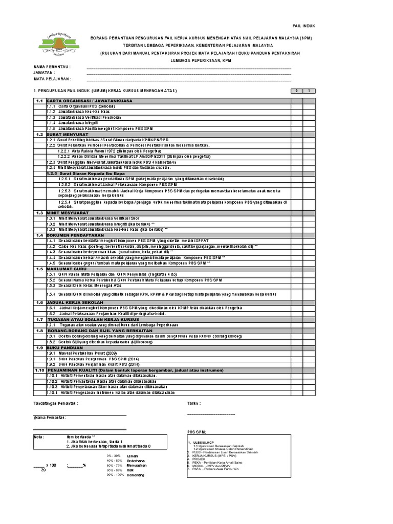 Instrumen Pemantauan Fail Menengah Atas Pbs SPM | PDF