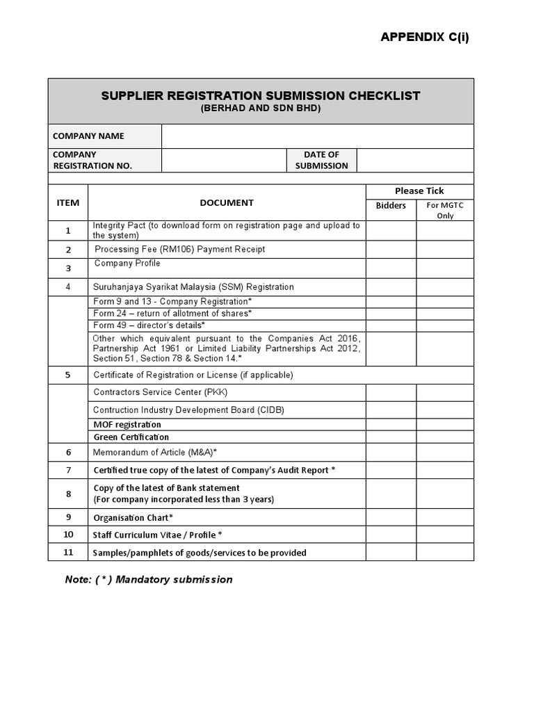 Appendix C (I) - Submission Checklist For SDN BHD & Berhad | PDF ...