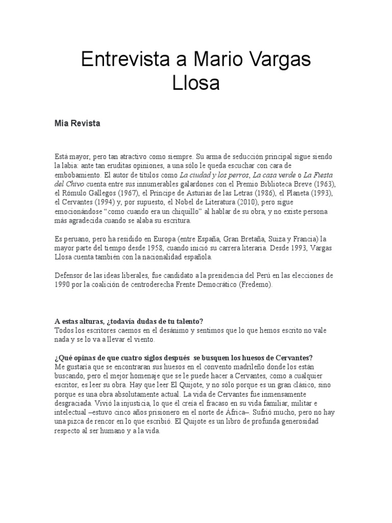 Entrevista a Mario Vargas Llosa | PDF | Ficción general