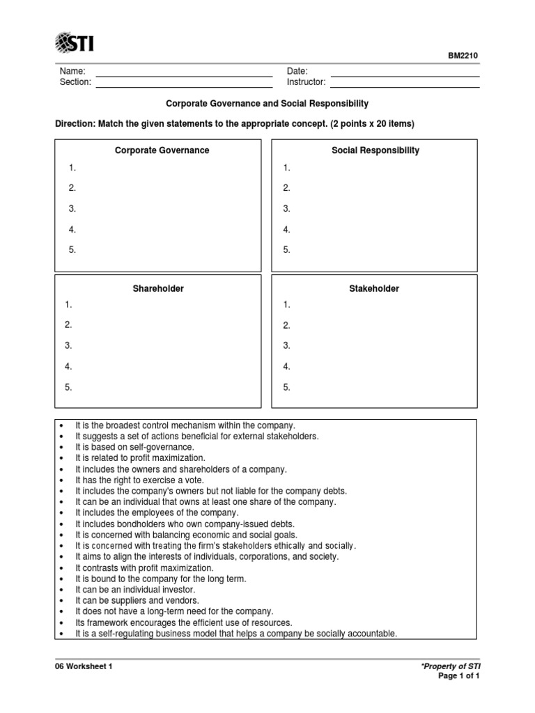 06 Worksheet 1 | PDF | Corporate Governance | Governance