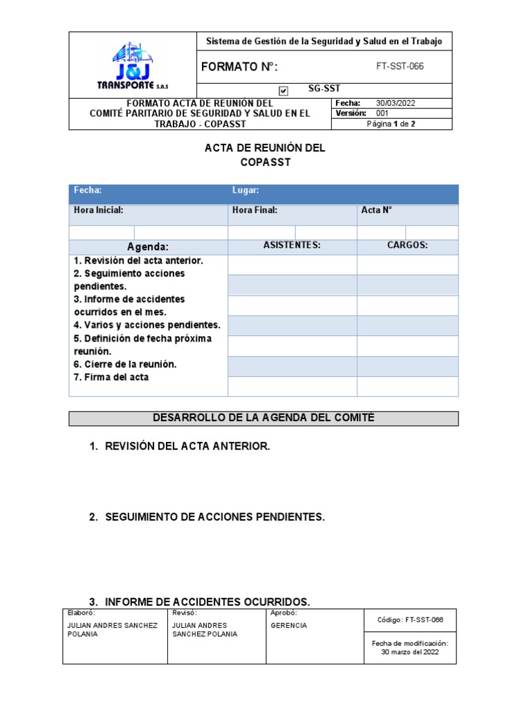 66 Formato de Acta de Reunión Del COPASST | PDF
