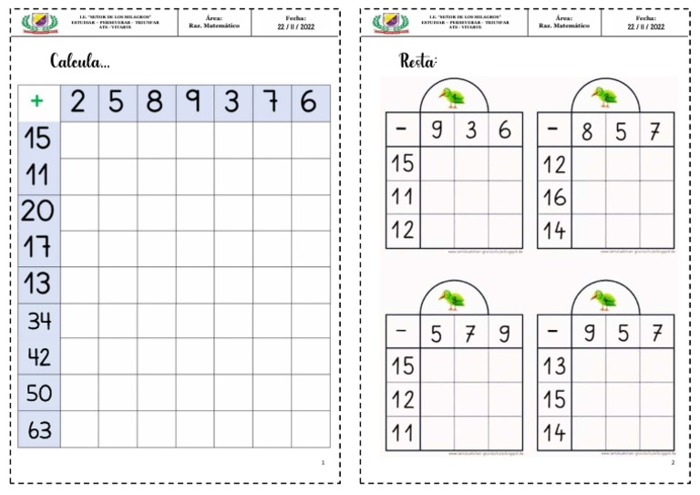 Cuadro de Sumas y Restas para Niños | PDF