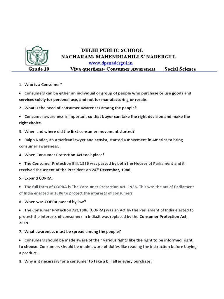 GR 10 Viva Questions On Consumer Awarness | PDF | Consumer Protection ...