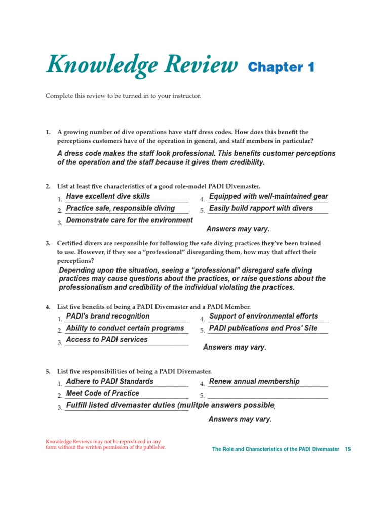 Divemaster Course - Knowledge Review - Answer Key | PDF | Scuba Diving | Underwater Diving