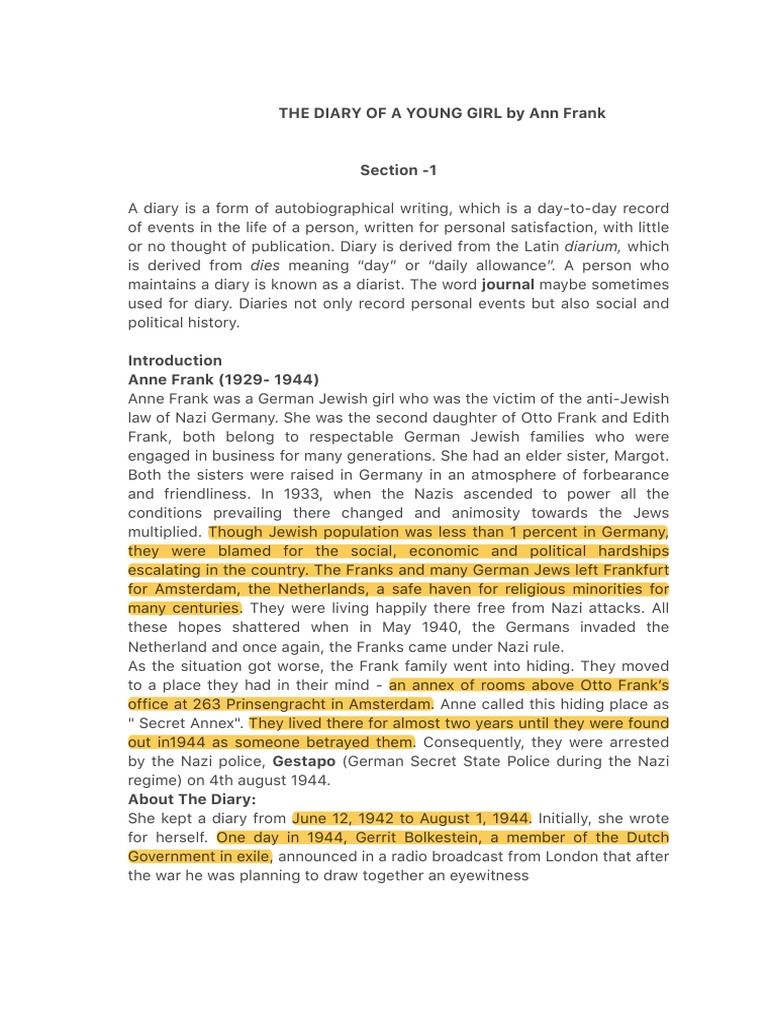 Anne Frank's Diary: A Young Girl's Perspective | PDF | Anne Frank ...