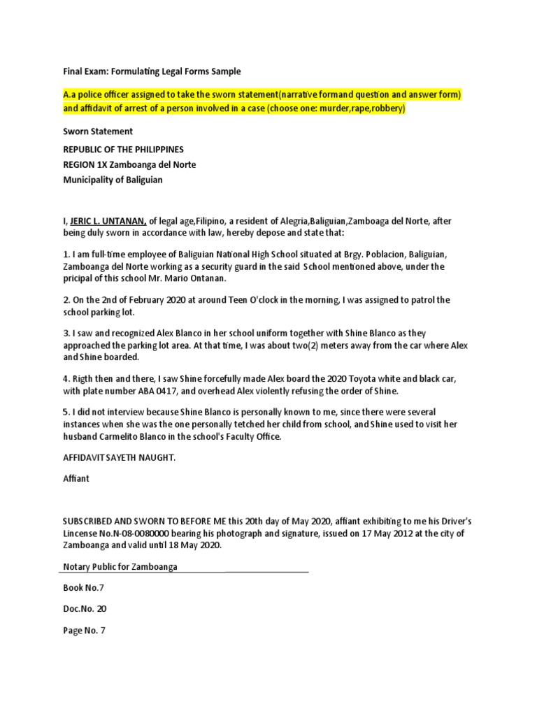 Final Exam - Legal Forms Sample for-WPS Office | PDF | Affidavit ...