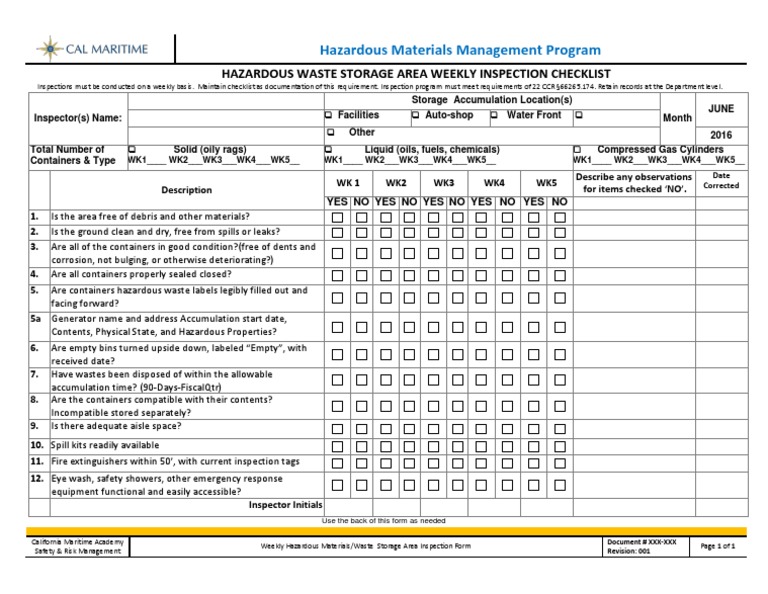 Hazardous Material Weekly Inspection | PDF | Hazardous Waste | Waste