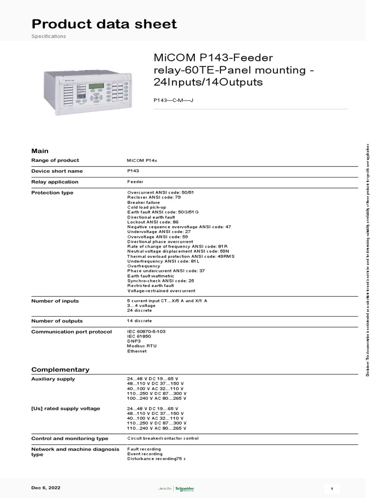 MiCOM P143 Feeder Relay Specs | PDF | Power Supply | Electronics