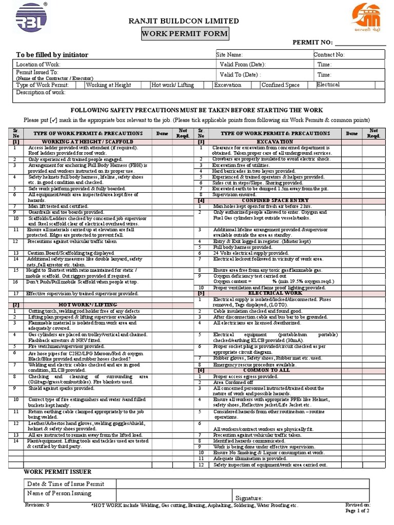 Ranjit Buildcon Limited Work Permit Form: To Be Filled by Initiator ...