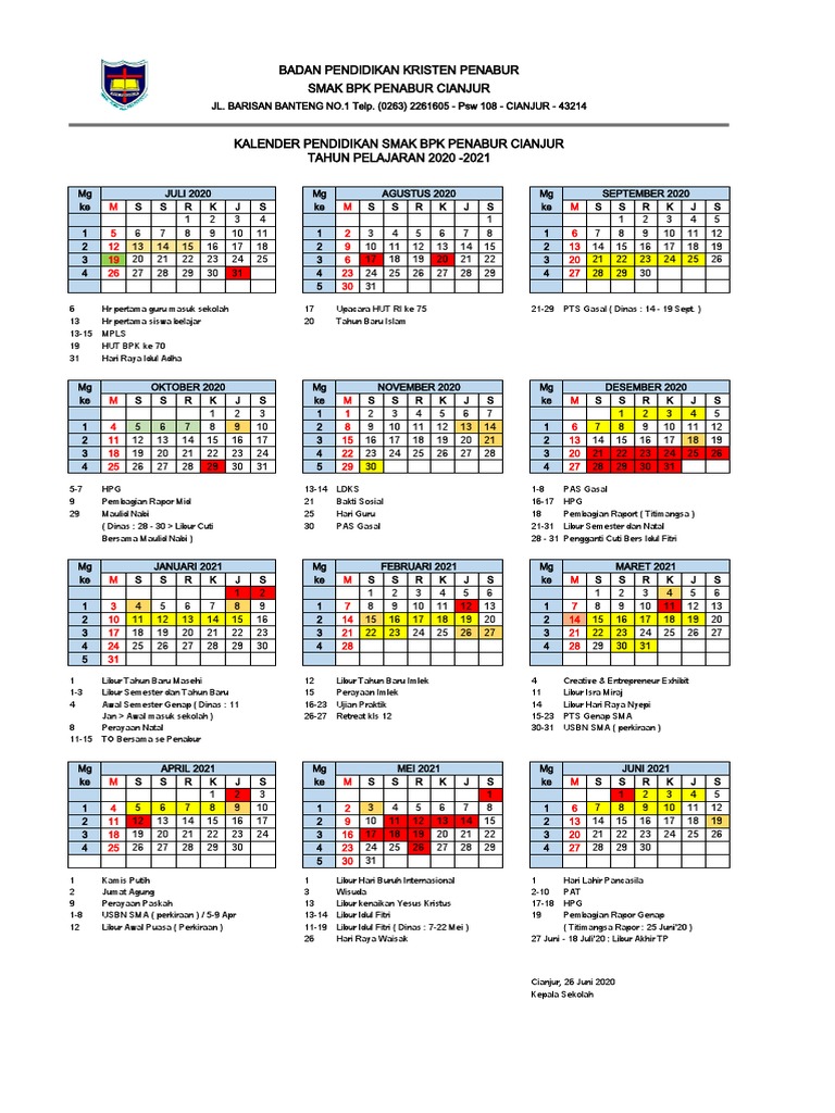Kalender Akademik SMAK BPK Penabur 2020 | PDF