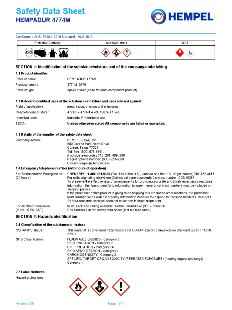 Msds Hempadur 4774d Part A | PDF | Fires | Personal Protective Equipment
