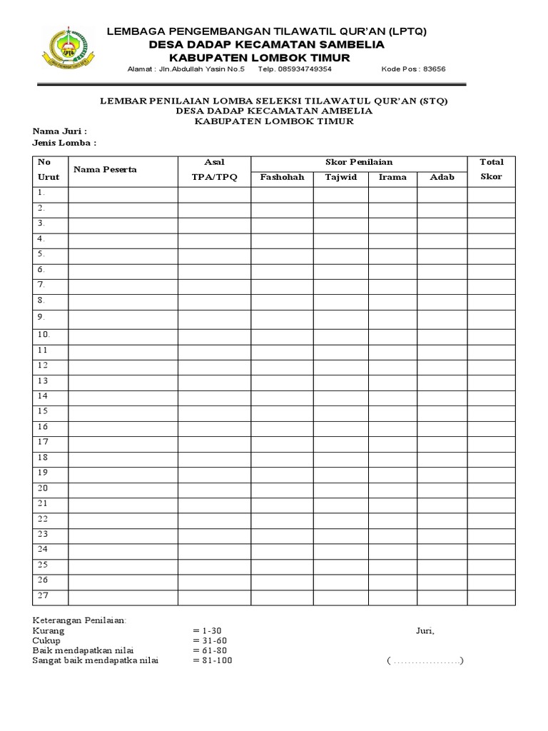 Lembar Penilaian Lomba Tartil Qur | PDF Lembar Penilaian Lomba Tartil Qur | PDF