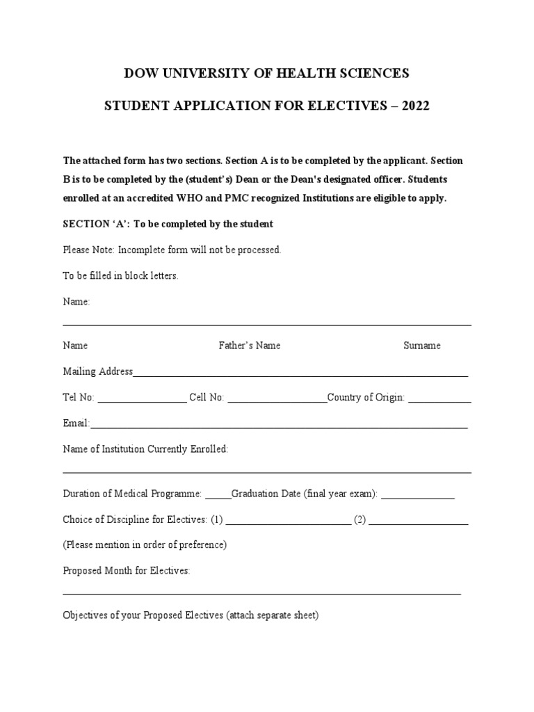 DUHS Elective Application Form 2022 | PDF | Health Care | Medicine