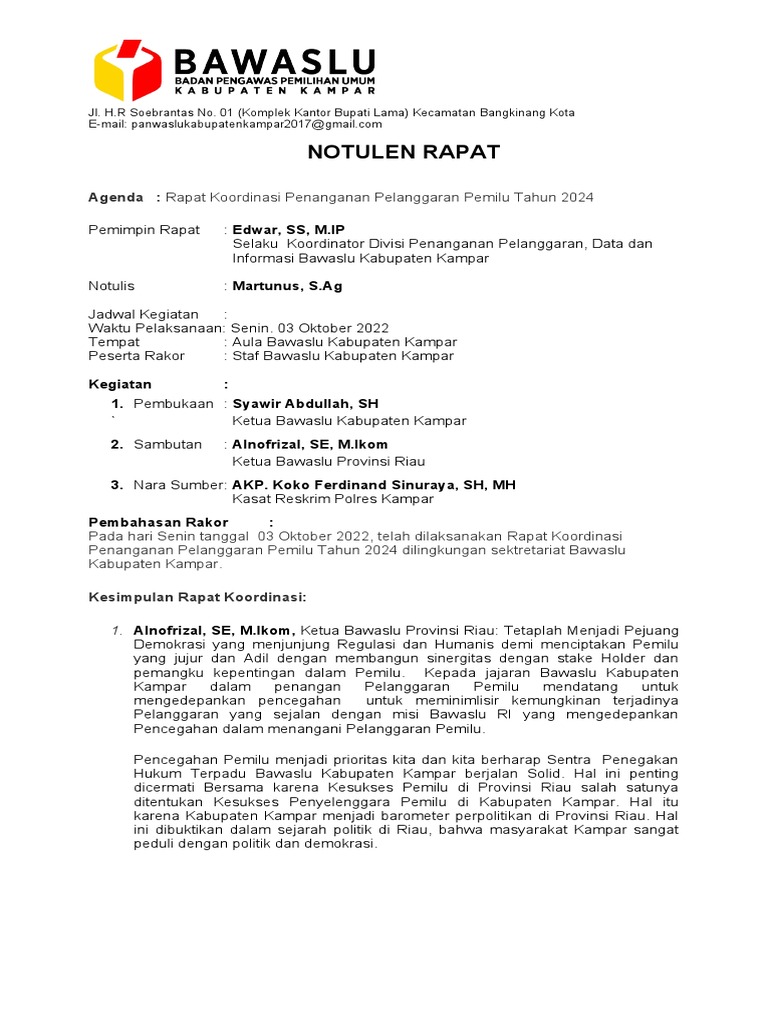 Notulen Rapat Koordinasi Penangan Pelanggaran Pemilu | PDF