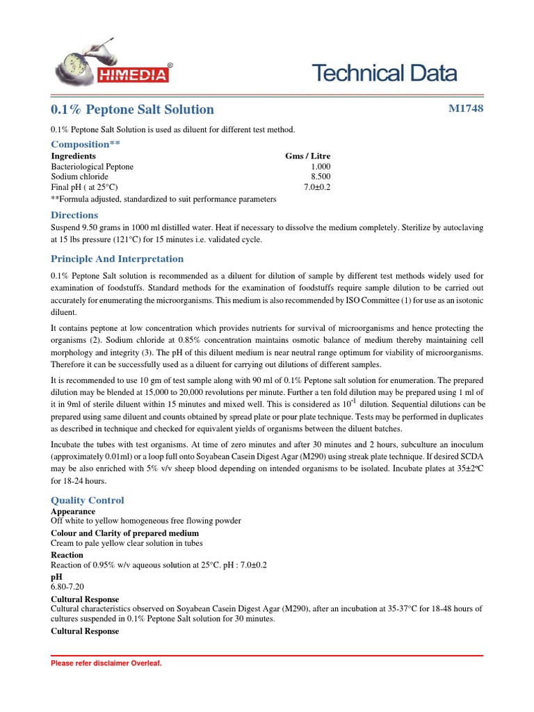 0.1% Peptone Salt Solution: Composition | PDF | Ph | Salt
