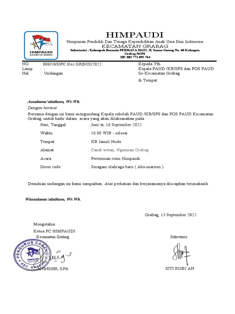 Undangan Pertemuan Himpaudi 2022 | PDF